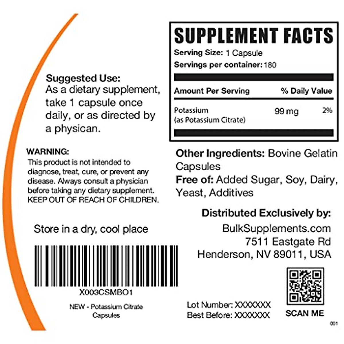BulkSupplements.com Potassium Citrate Capsules - Potassium Supplement, Potassium Citrate 99mg - Potassium Citrate Supplement, Potassium Pills - 1 Capsule per Serving, 180-Day Supply, 180 Capsules