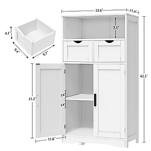 Iwell Storage Cabinet, Bathroom Cabinet with 2 Drawers & Adjustable Shelves, Bathroom Storage Cabinet with Doors for Living Room, Kitchen, Home Office, White