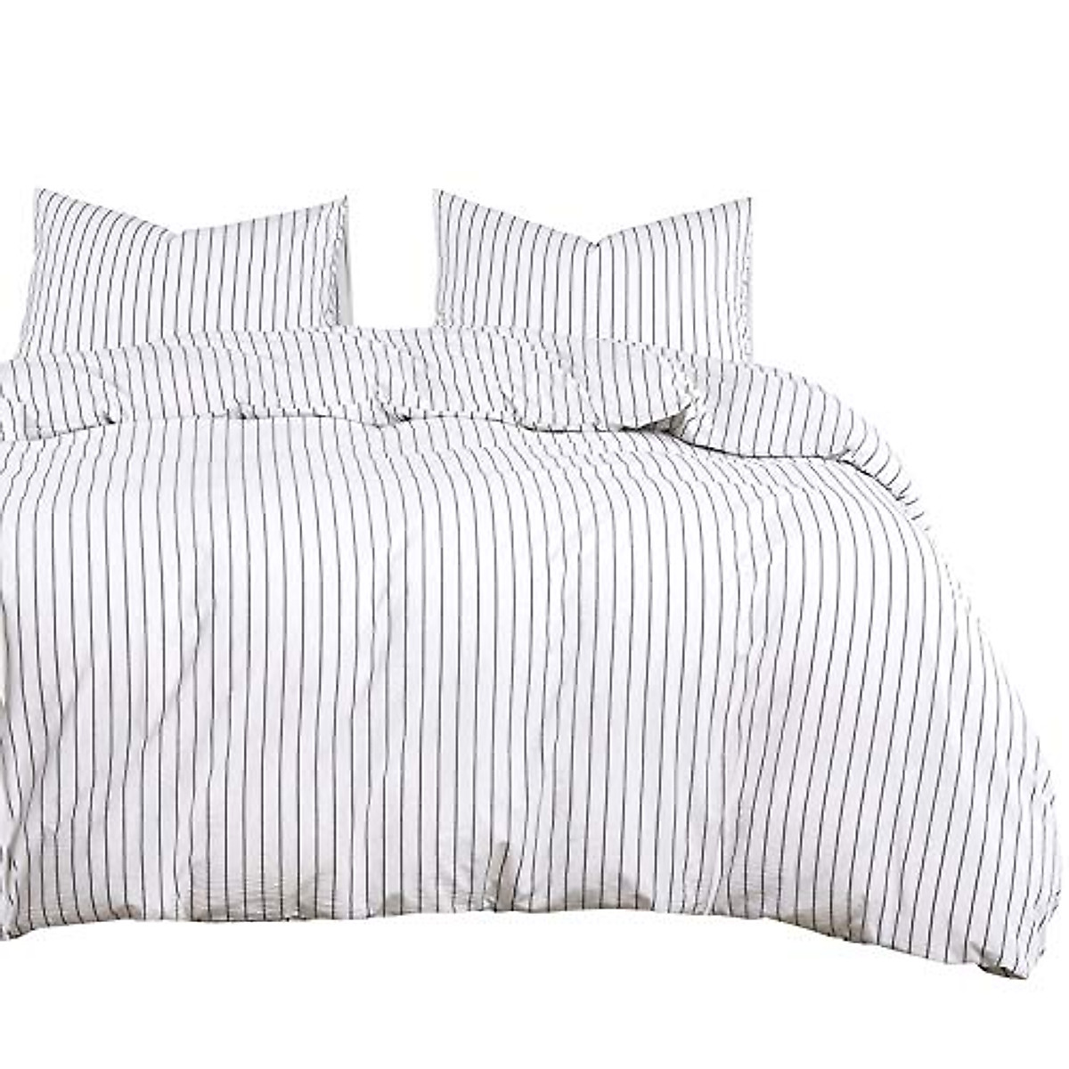Wake In Cloud - Striped Cotton Duvet Cover Set, Ticking Stripe Vertical Pinstripe Farmhouse, 100% Washed Cotton Textured Percale Bedding Set, 3 Pieces, White, King Size