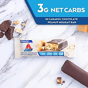 Atkins Caramel Chocolate Peanut Nougat Snack Bar, Protein Snack, High in Fiber, 2g Sugar, Keto Friendly, 5 Count