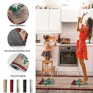 Arts Print Kitchen Rug Mat Set of 2,Merry Christmas Buffalo Plaid Pine Tree Wooden Board Runner Rug,Non-Slip Durable Kitchen Floor Mat for Sink,15.7x23.6Inch+15.7x47.2Inch