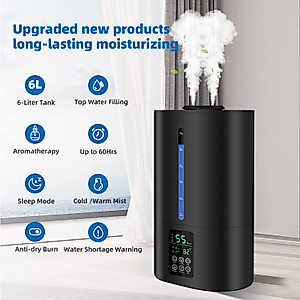 6L Humidifiers for Bedroom Large Room Home, Cool and Warm Humidifiers for Baby and Plants Mist Top Fill Desk Humidifiers Essential Oil Diffuser, Quiet Humidifiers with Adjustable Mist,360°Nozzle-Midnight Black