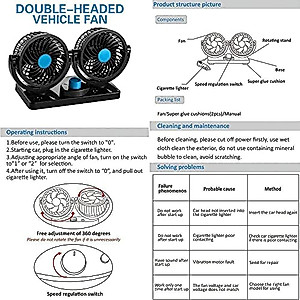 Car Fan 12V, Electric Car Cooling Fan with 360 Degree Adjustable Dual Head That Plugs into Cigarette Lighter/Quiet Noise Auto Fan for Car Truck Van SUV RV Boat Golf Vehicles