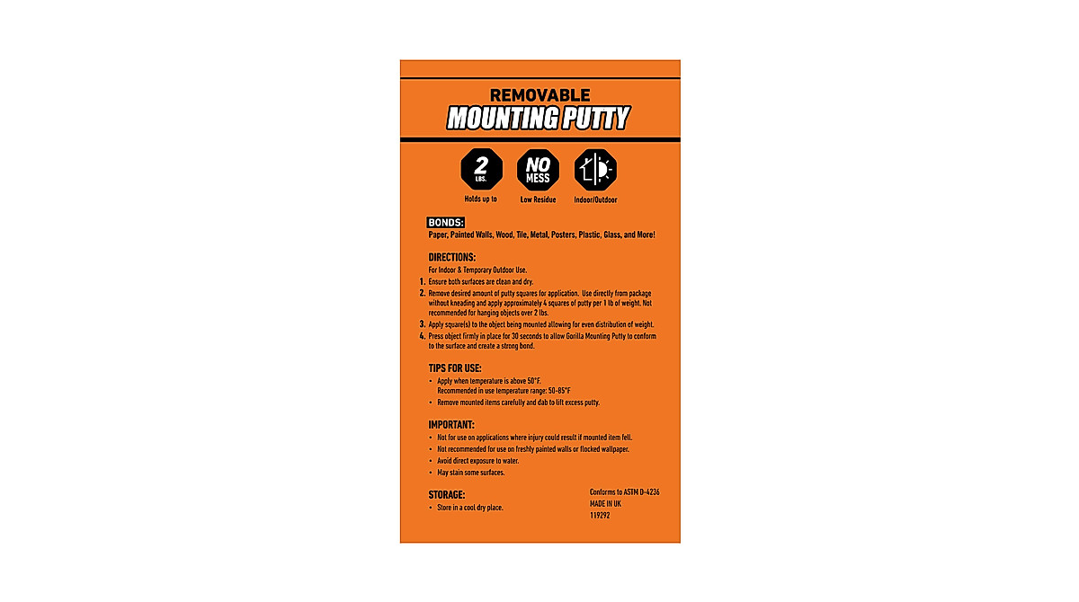 Gorilla Removable Mounting Putty - Repositionable Wall Squares