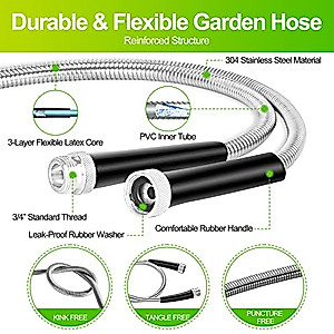 FUDESY 10ft Metal Garden Hose, Heavy Duty 304 Stainless Steel Water Hose Extension, Flexible, Lightweight, Kink & Tangle Free, Rust Proof, High Pressure, Easy to Store for Yard, Outdoor, RV(No Nozzle)