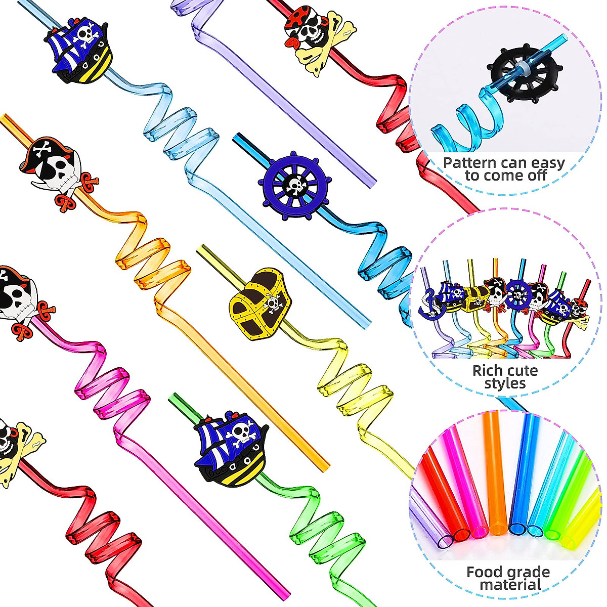 24 Pieces Pirate Party Favors Pirate Straws Plastic Reusable Pirate Straws for Halloween Pirate Birthday Party, 8 Styles