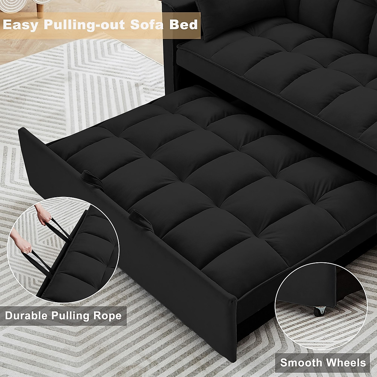 Suheww Black Pull Out Sofa Bed, 3 in 1 Convertible Small Couch for Bedroom,2 Seater Sofa Cama with Adjustable Backrest Velvet Futon Chaise Lounge for Small Spaces Living Room Office