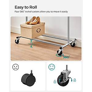 SONGMICS Clothes Rack with Wheels, Heavy-Duty Clothing Rack for Hanging Clothes, Portable Garment Rack, with Extendable Hanging Rail, 220 lb Load Capacity, Silver UHSR13SV1