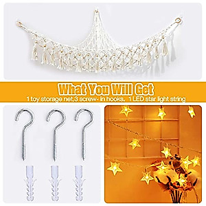 Stuffed Animal Toy Storage net or Hammock with LED Light Toy Net Hammock for Stuffed Animals with 3 Hooks Toy Organizer and Storage for Kids Bedroom
