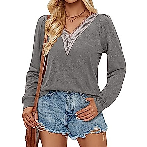 ZESICA Women's 2023 Casual Long Sleeve T Shirts Lace V Neck Trendy Basic Tops Summer Fall Tee Blouse,Grey,Large