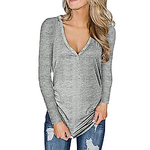 L'ASHER Women's Henley Shirts V Neck Long Sleeve Tunic Top Button Up Blouse Shirt Casual Loose Top Tees Large Gray