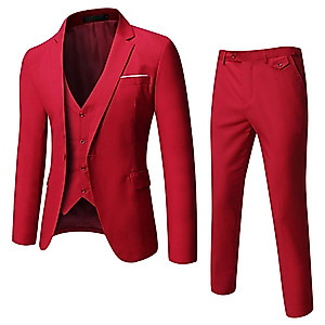 WULFUL Men’s Suit Slim Fit One Button 3-Piece Suit Blazer Dress Business Wedding Party Jacket Vest & Pants Wine Red