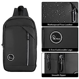 E-Tree Sling Bag Hiking Casual Travel Daypack Crossbody Shoulder Backpack Multi-pocket Chest Bag Small Size PU Leather for Men Women Child Teenager (Black)