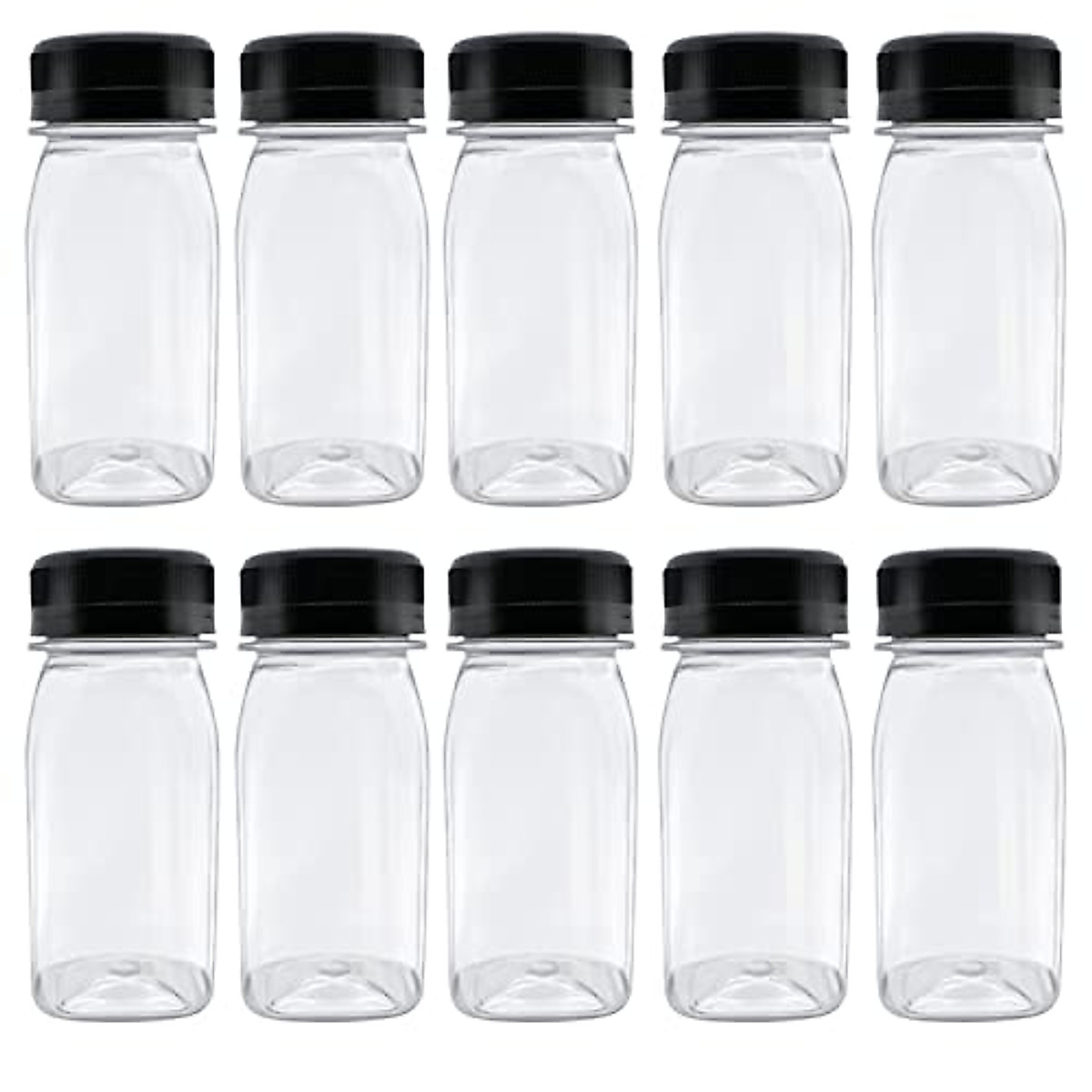 MYYZMY 10 Pcs 4 Ounce Plastic Juice Bottles, Reusable Bulk Beverage Containers for Juice, Milk and Other Beverages, Black lid