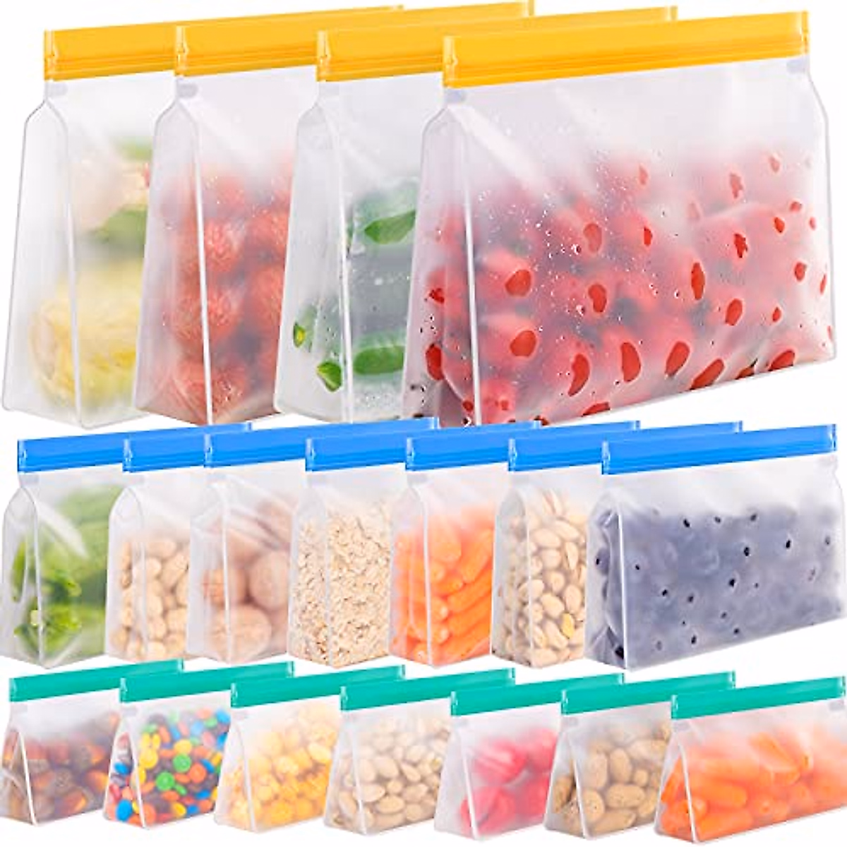 Reusable Storage Bags Stand Up, 18 Pack Reusable Sandwich Bags, Reusable Freezer Lunch Bags, Leakproof Reusable Bags Silicone, Reusable Gallon Bags(18Pack-4Large Bags+7Sandwich Bags+7Snack Bags)
