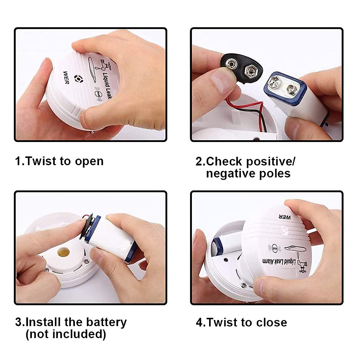 WER Water Leak Alarm Sensor, Battery Operated Leak Alert, 90dB Water Detector for Basements, Bathrooms, Laundry Rooms, Kitchens, Garages and All Office Areas (Shipped Without Battery, 2 Pack)