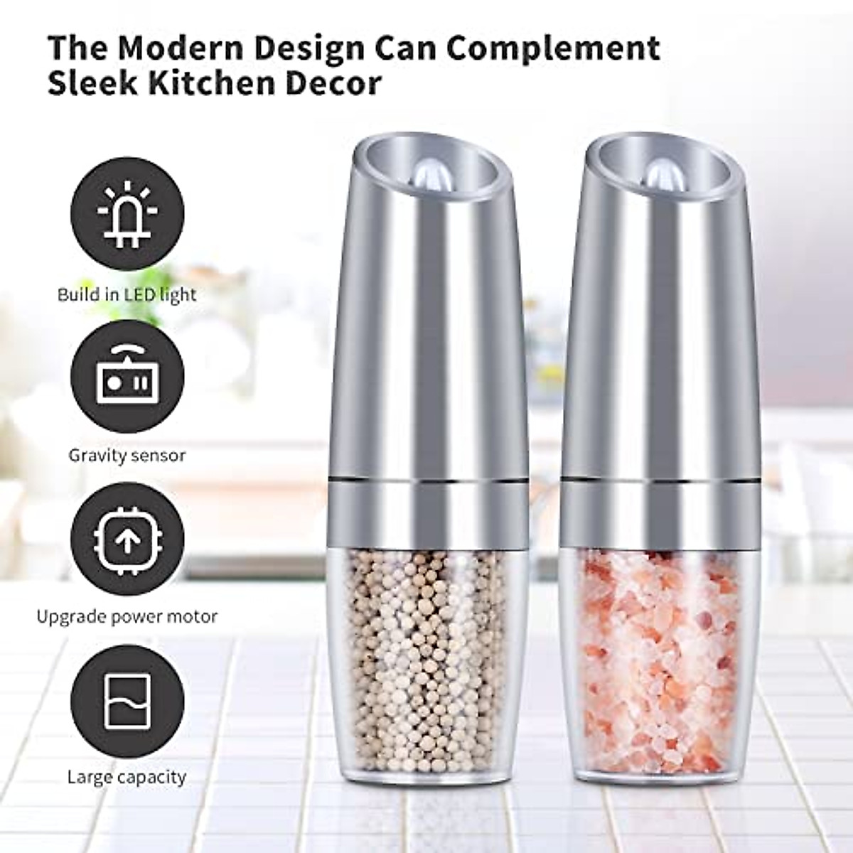 EasyCom Gravity Salt and Pepper Mill Set, Battery Powered with LED Light, Adjustable Coarseness, One Hand Automatic Pepper Mill for Kitchen and BBQ, 2 Pack, Silver