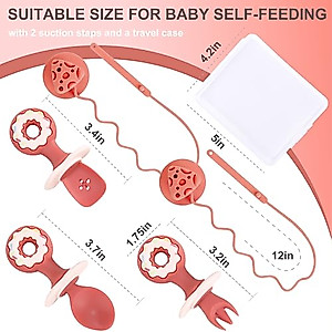 3 Pack Baby Fork and Spoon Set Suction Baby Self Feeding Utensils 6-12 Months Anti-Dropping Training Spoons For Baby Led Weaning, Silicone Toddler Utensils Feeding Supplies First + Second Stage, Red