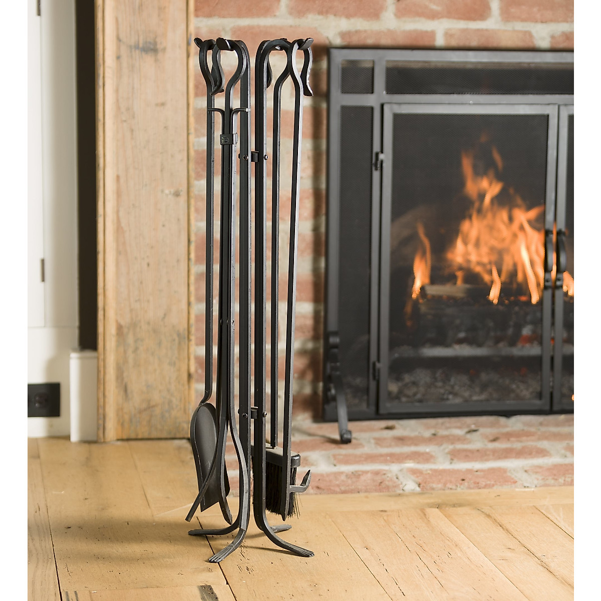 Plow & Hearth Tall 5 Piece Hand Forged Iron Fireplace Tool Set with Poker, Tongs, Shovel, Broom, and Stand 7-in Diam. x 32.5 H Black