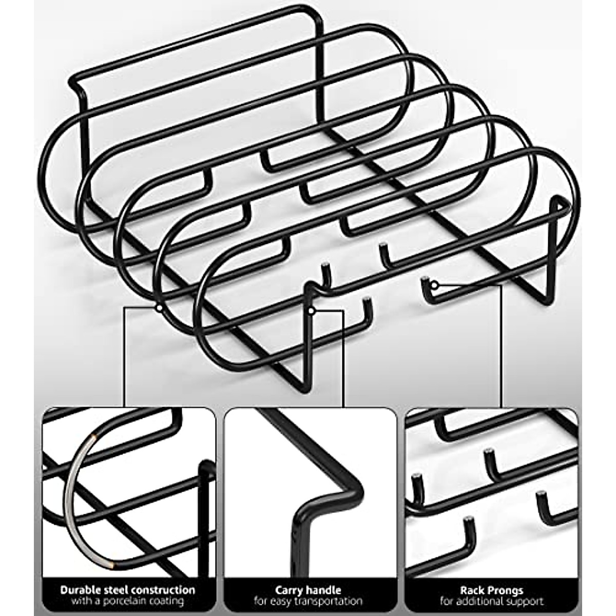 Sorbus® Non-Stick Rib Rack – Porcelain Coated Steel Roasting Stand – Holds 4 Rib Racks for Grilling & Barbecuing (Black)