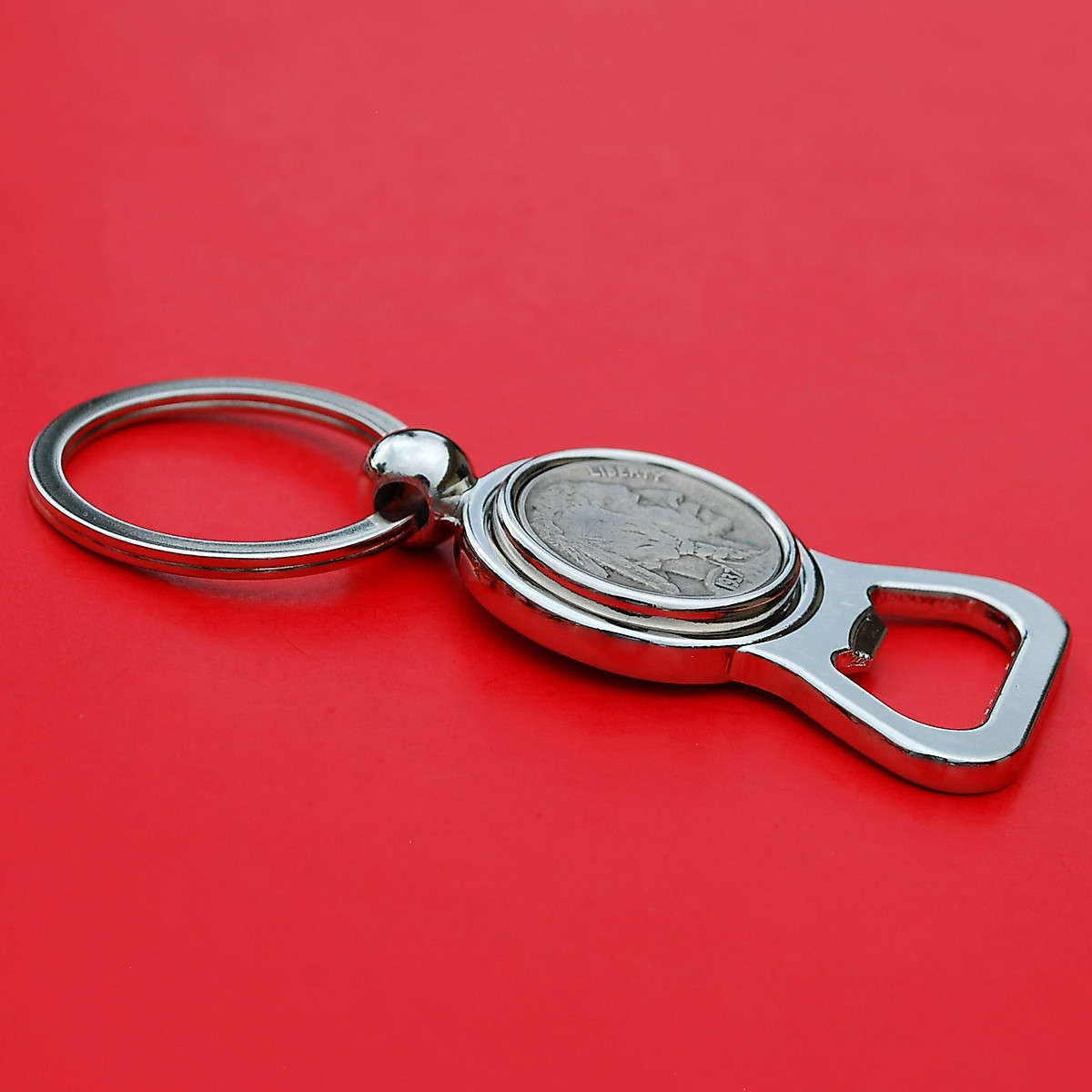 US 1937 Indian Head Buffalo Nickel 5 Cent Coin Silver Tone Key Chain Ring Bottle Opener NEW