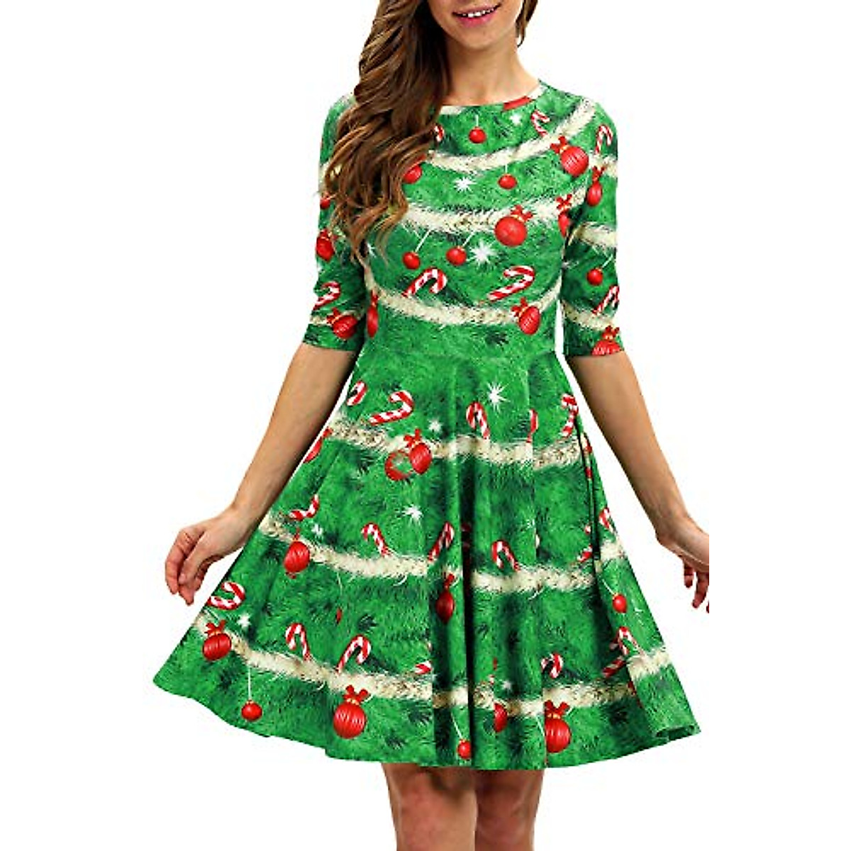 GLUDEAR Christmas Dress, Womens Xmas Tree Printed Gifts A-Line Party Cocktail Dress,Ugly Christmas Tree,L/XL
