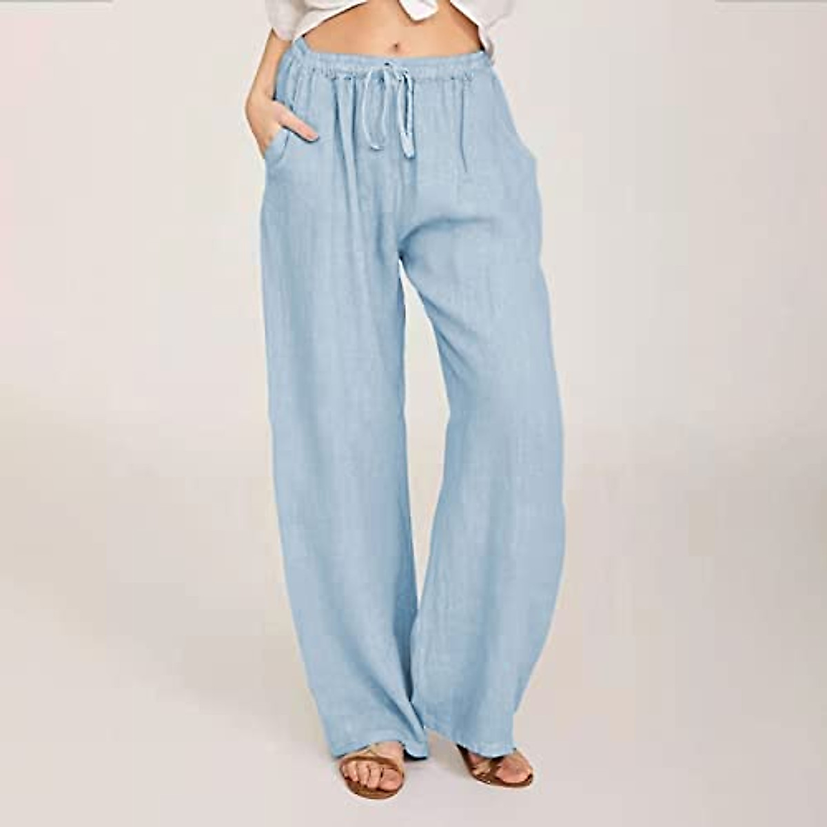 Capri Pants for Women Casual 2023 Summer Drawstring Elastic High Waist Linen Pant Straight Wide Leg Cropped Trouser high Waisted Wide Leg Pants Sky Blue XL