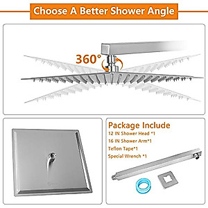 HarJue Shower Head with Extension Arm, High Pressure Square Shower Head with ShowerArm, Stainless Steel Rainfall Showerhead-Waterfall Full Body Coverage (12'' ShowerHead with 16'' Arm, Brushed Nickel)
