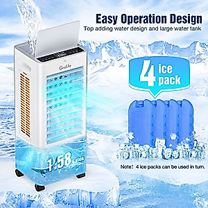 Grelife Evaporative Air Cooler, Portable Cooling Fan with 75° Oscillating, Humidifying, 1.58Gal Water Tank, 4 Ice Packs, Remote Control, 3 Speeds, 12H Timer, Personal Swamp Cooler for Room Home Office