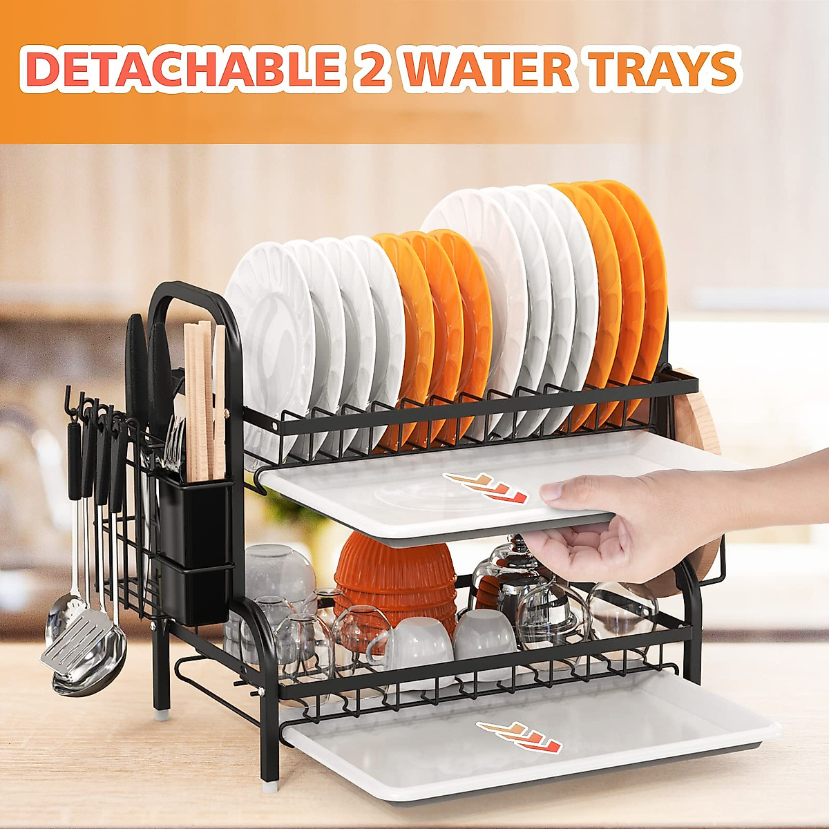 DUCHIFAD Dish Drying Rack, 2-Tier Dish Racks for Kitchen Counter, Sink Dish Drainer with Drainboard, Utensil Holder and Cutting Board Holder, Stainless Steel Kitchen Drying Rack-Black