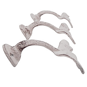 Distressed White Whale Tail Cast Iron Wall Hooks, Wall Mounted for Hanging Coats, Purses, Towels, Hats, Beach Themed Wall Décor, Set of 3, 4.75 Inches High