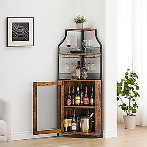 Amyove Corner Wine Bar Cabinet with Detachable Wine Rack, Industrial Wine Cabinet with Glass Holder, Small Sideboard and Liquor Coffee Bar Cabinet with Mesh Door, ‎Retro Brown