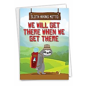 NobleWorks - 1 Cute Birthday Card with Envelope - Funny Wild Animals and Pets, Birthday Greeting - Sloth Hiking C7234BEG