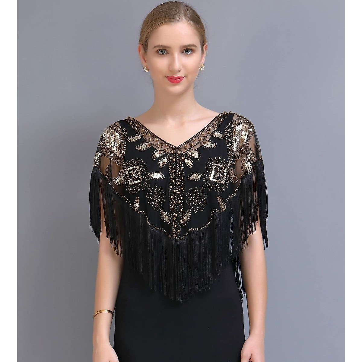 Rlosjin 𝟏𝟗𝟐𝟎𝐬 𝐒𝐡𝐚𝐰𝐥 𝐟𝐨𝐫 𝐖𝐨𝐦𝐞𝐧, Sequin Beaded Bridal Shawl, Dab Dinner Shawl, Prom Shawl, Dinner Scarf, 𝐃𝐫𝐞𝐬𝐬 𝐏𝐚𝐫𝐭𝐲 𝐒𝐡𝐚𝐰𝐥- Black Gold