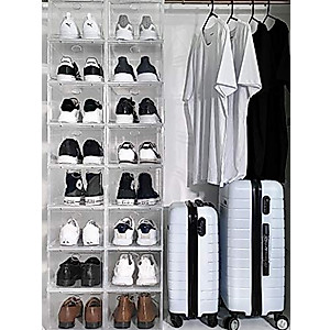 Drop Front Shoe Box, Set of 4, Stackable, for Men and Women - Clear, Plastic Shoes Storage Boxes for Sneaker, Heel, Sandal - space-saving closet organizer Shoe Container for shoe box organization