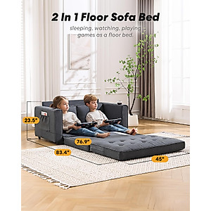 Miscoos 55" Folding Floor Sofa Chair Bed-Convertible Pull Out Sofa Bed, Futon Armchair Bed, Foldable Loveseat Sleeper, Floor Gaming Couch Bed Chair with Cup Holder for Small Space Dorm Apartment