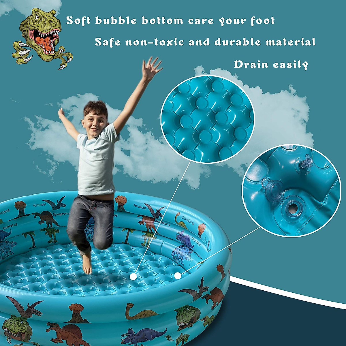 Dinosaur Inflatable Pool for Kids, Dino Kiddie Swimming Pool, Blow Up 3 Rings Round Baby Padding Pool for Outside and Indoor, Toddler Pool Ball Pit/Fishing/Toys Play Center for Garden- 57”x15”