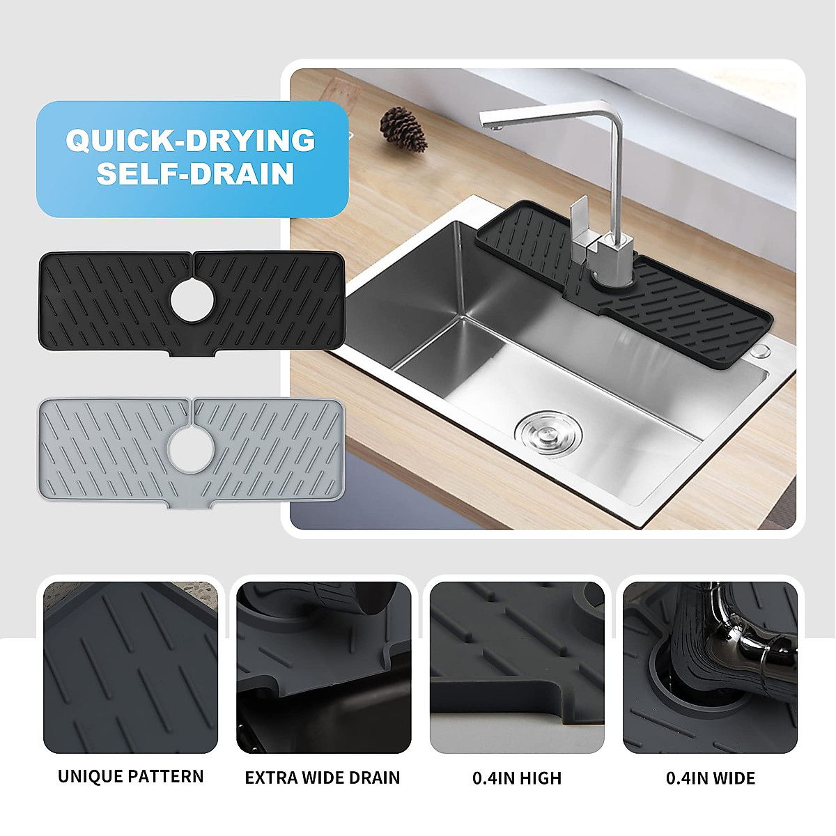 Meiliweser 2Pack of Silicone Faucet Splash Guard, 18” x 5.9”, Faucet Water Catcher Mat, Longer Silicone Sink Mat for Kitchen, Bathroom, Laundry Room, Farmhouse, Bar & RV (Black)