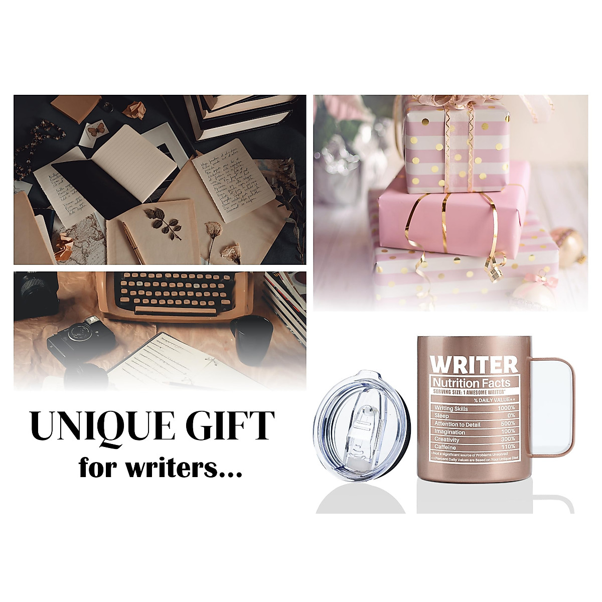 Onebttl Writer Gifts for Women/Men - 12oz Stainless Steel Insulated Mug with Lid - Graduation/Birthday/Christmas Gift for Writers, Novelist, Scriptwriter - Facts, Rosegold