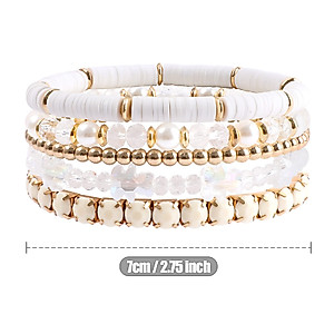 MAKERSLAND White Bracelets Cute Clay Beaded Crystal White Cute Bracelet Set for Women, 5Pcs Strand Stretch Preppy Heishi Bracelet Beach Bohemian Layering Bracelet Jewelry for Teens