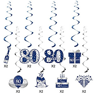 Blue Silver 80th Birthday Hanging Swirls Decorations for Men, 16Pcs Happy 80 Year Old Birthday Foil Swirl Party Supplies, Eighty Birthday Ceiling Hanging Sign Decor