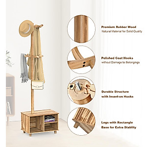 Yoimori Coat Rack, Wooden Coat Rack Freestanding with Storage Cabinet and 12 Hooks, Coat Tree,Sturdy Coat Rack Stand for Entryway, Hallway, Bedroom, Living room, Office, Coats, Bags, Hats(Brown)