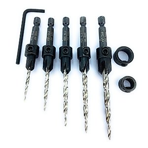 FTG USA Wood Countersink Drill Bit Set 5 Sizes Set Countersink #4, 6, 8, 10, 12 Tapered Drill Bits with Hex Shank Countersink bit, 2 Stop Collar, 1 Allen Wrench, 6 Storage Containers