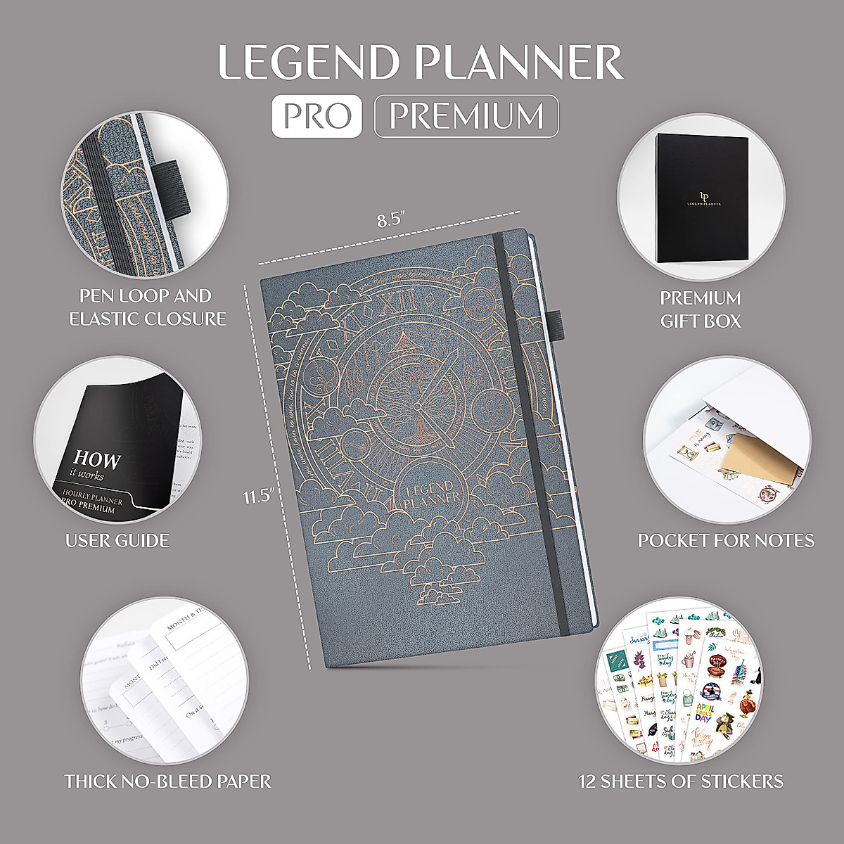 Legend Hourly Planner PRO Premium – Large Undated Schedule Planner with Time Slots – Personal & Work Organizer for Daily, Weekly & Monthly Planning – Time Management Planner – A4 size (Mystic Gray)