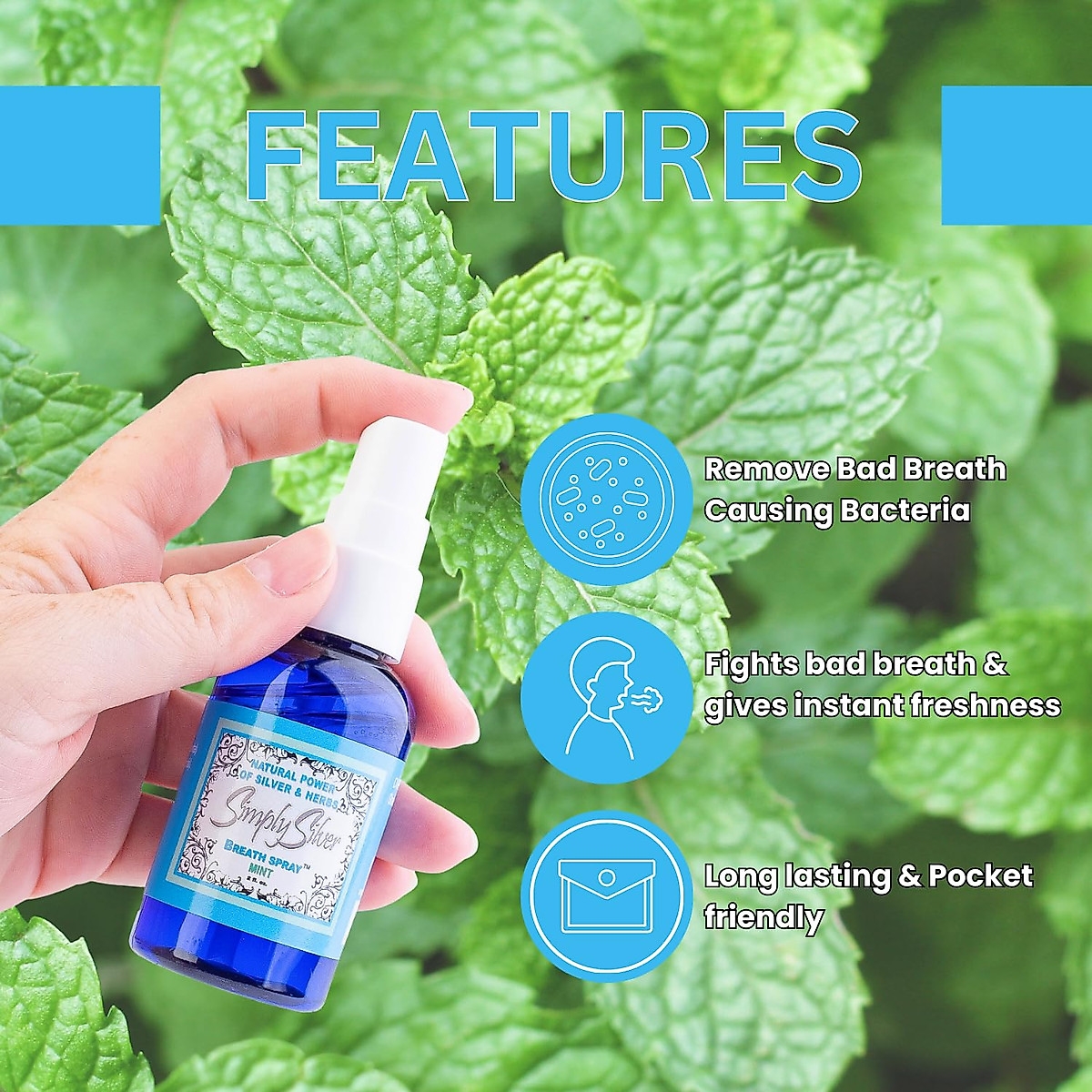 Simply Silver Mint Breath Spray - For Dry Mouth and Freshening, All Natural, Fluoride Free, 2 Fl Oz