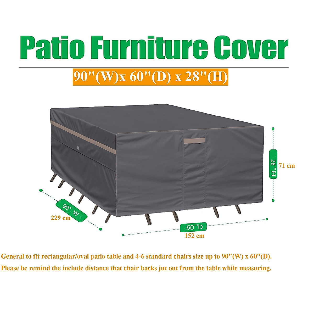 Garden Balsam Heavy Duty Waterproof Patio Furniture Covers,Fade Resistant Outdoor Table and Chair Covers Rectangular 90"Wx 60"D x 28"H Dark Grey