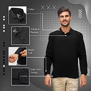 Premium Wear Long Sleeve Polo Shirt for Men, Cotton-Blend Fabric Golf Shirt with Collar, 3-Button Placket, Stain Guard, Elastic Cuffs, Side Split Hem, Casual Tennis Shirt Work & Play, Black XL