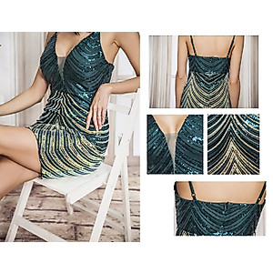 ZRSGXG Women's Sequin V-Neck Evening Dress Suspender Cocktail Mini Evening Dress(Green,X-Large)