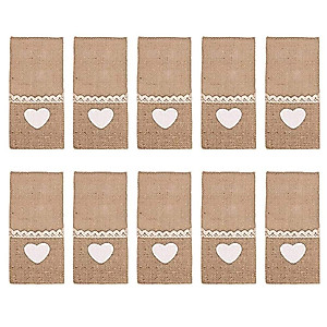 KAISIDA 10 Pcs Burlap Lace Utensil Cutlery Holders Cutlery Pouch Knifes Forks Bag for Vintage Natural Wedding Bridal Shower Tableware Christmas Party (4x8inch, Heart)