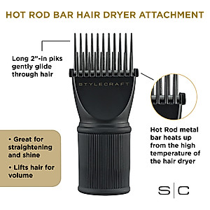 StyleCraft Hair Dryer Attachment Hair Pik with Hot Rod, Helps Straighten and Dry, Size 1.55-2 Inch Dryer Nozzles